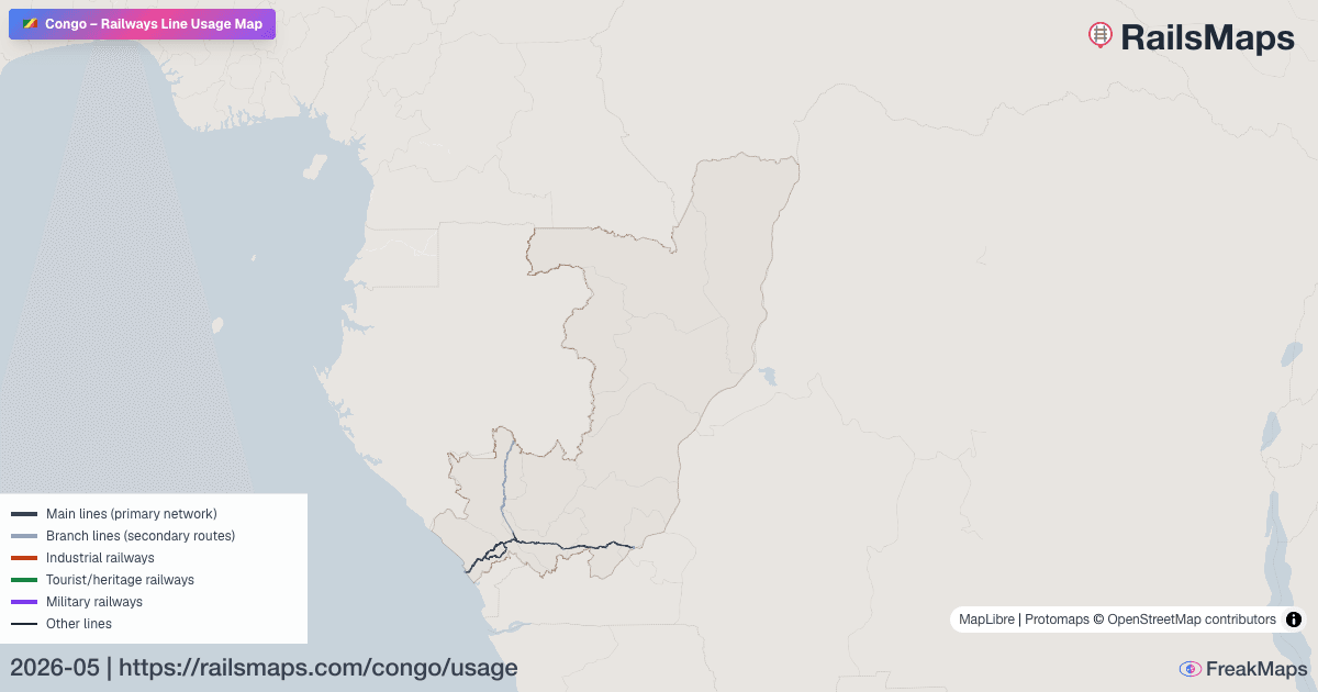 Congo Railway Usage Map — Passenger, Freight & Heritage Lines | RailsMaps